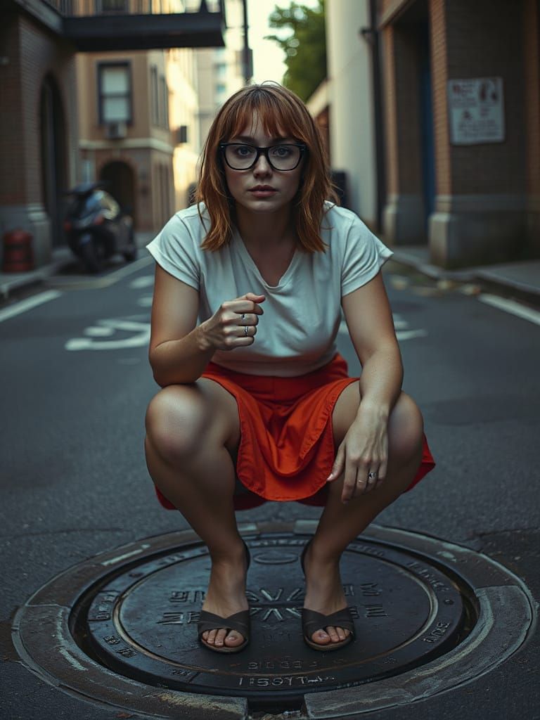 Surreal Film Still of Ginger-Haired Woman Squats o... - AI Art