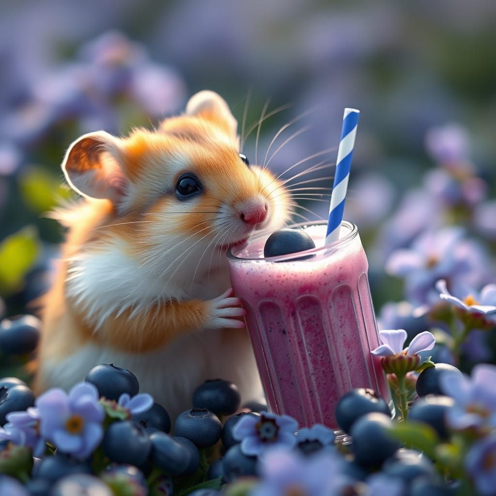 Hamster loves blueberry milkshakes - Cute Hamster Sips Blueb...