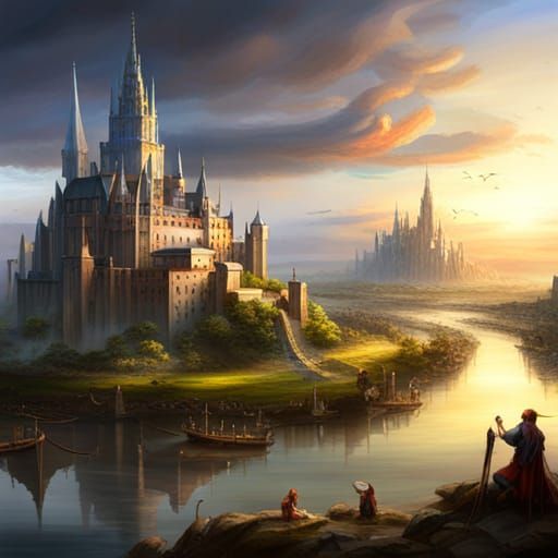 distant view of a capital fantasy medieval city. on the north are ...