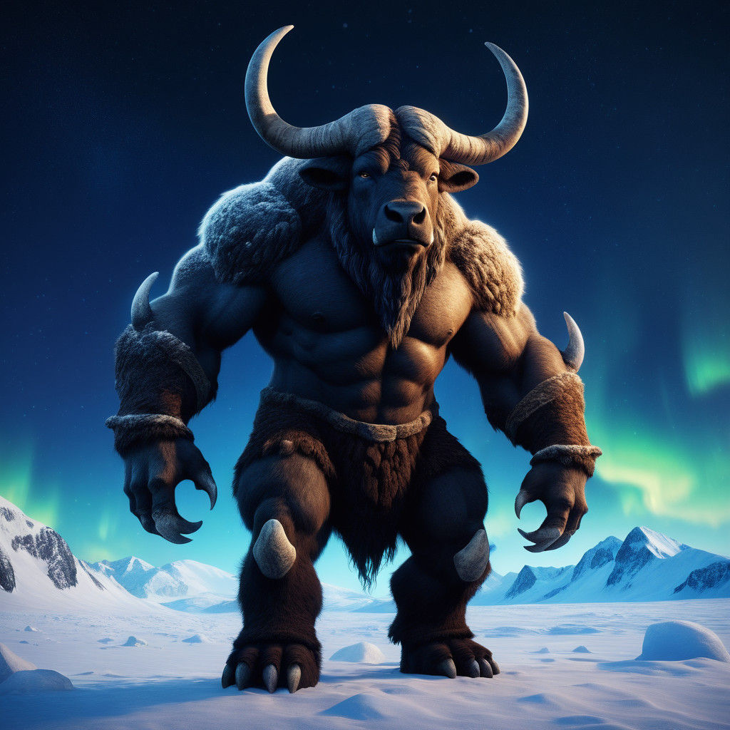 Fantastical Woolly Minotaur under Northern Lights - AI Art
