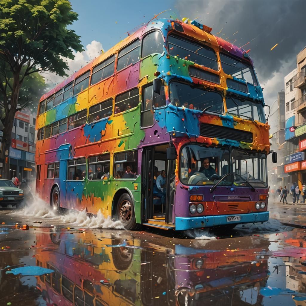 triple decked, rainbow coloured bus, driver, passengers "TreatMaster ...