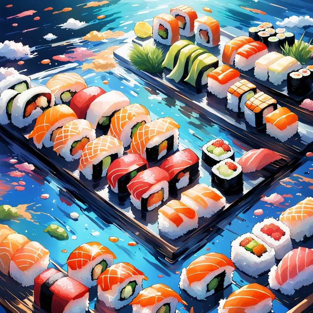 Sushi swimming in ocean, Anime Key Visual, by Makoto Shinkai, Deep ...