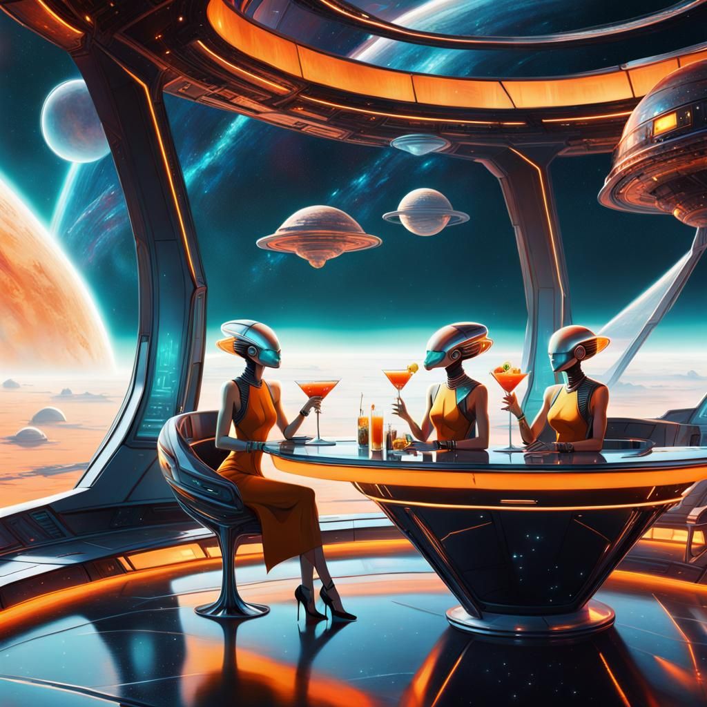 Fashionable female aliens sipping exotic, glowing cocktails with humans ...