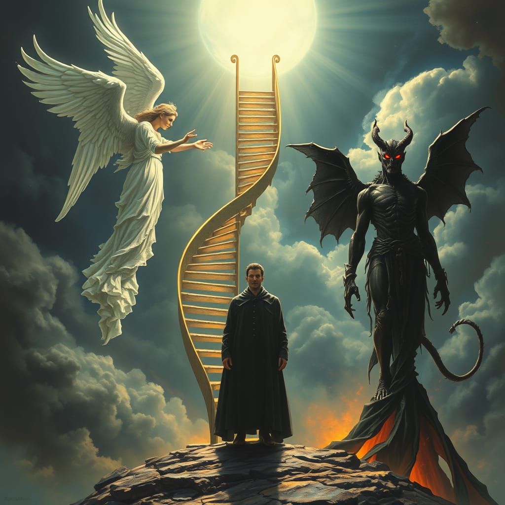 Angel Descends as Demon Rises, Dark Surrealism - AI Art