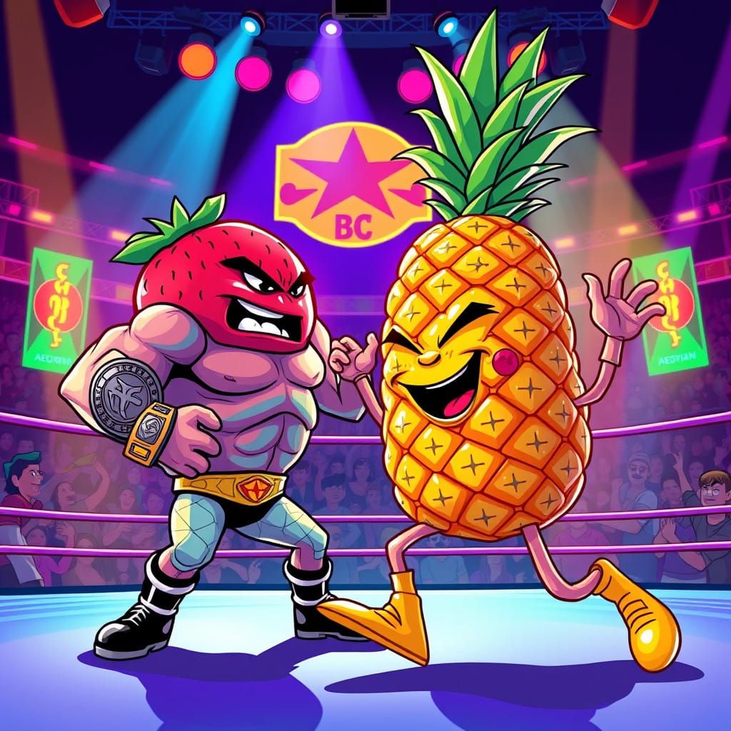 2 Anthropomorphic fruit fighting in a wrestling ring