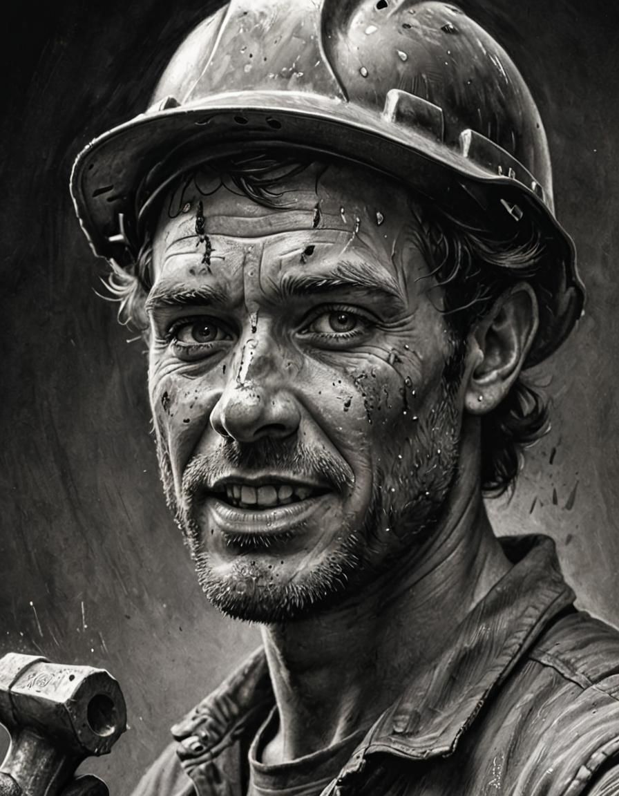 Miner - Charcoal Coal Miner Portrait in Hyper-Realistic Styl...