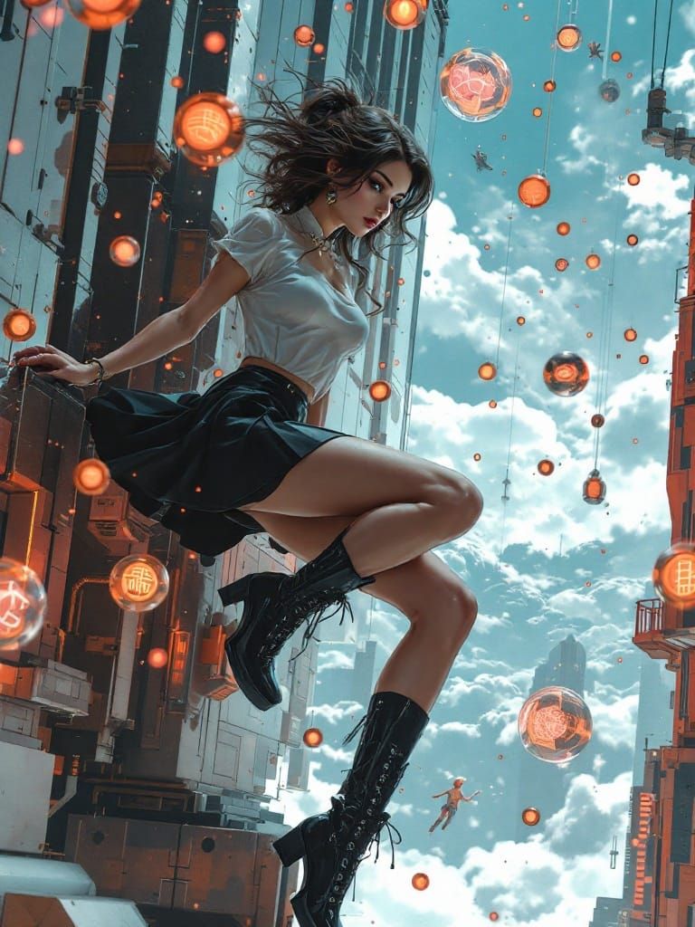 Gravity forgot, boots kiss air like old lovers— she owns the skyline.