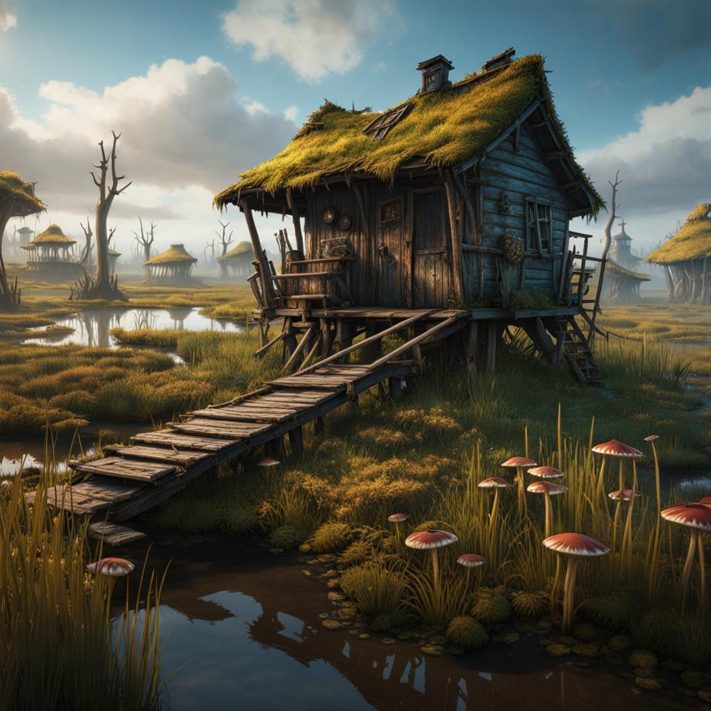 shack in a marsh toadstool - AI Generated Artwork - NightCafe Creator