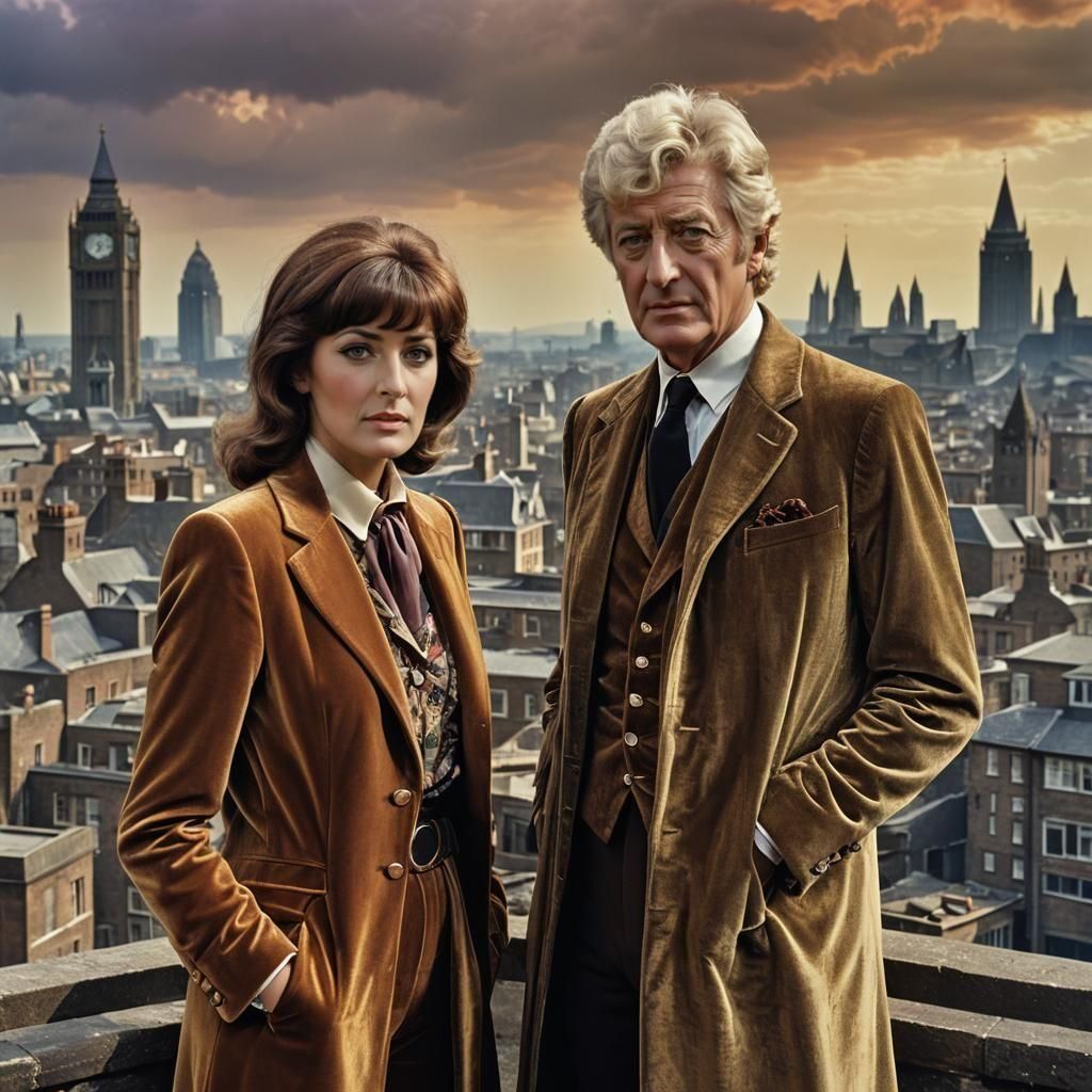 Jon Pertwee as Dr Who with his assistant Sara Jane Smith with a London ...