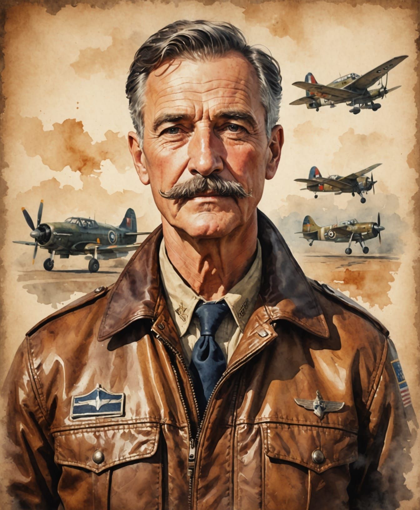 Vintage Pilot with Mustache in Watercolor - AI Art