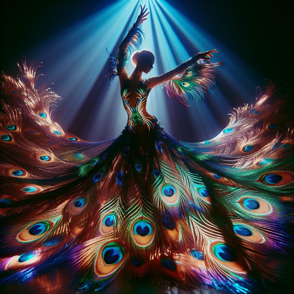 Dancer with a Peacock style dress, glowing radiant colors, strong ...