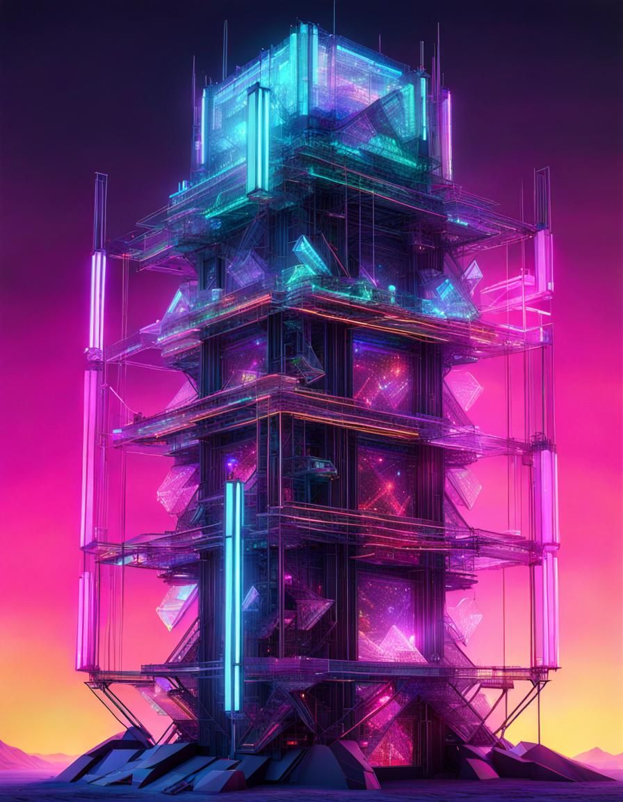 Cyberpunk Crystal Monolith with Neon Electronics - AI Art