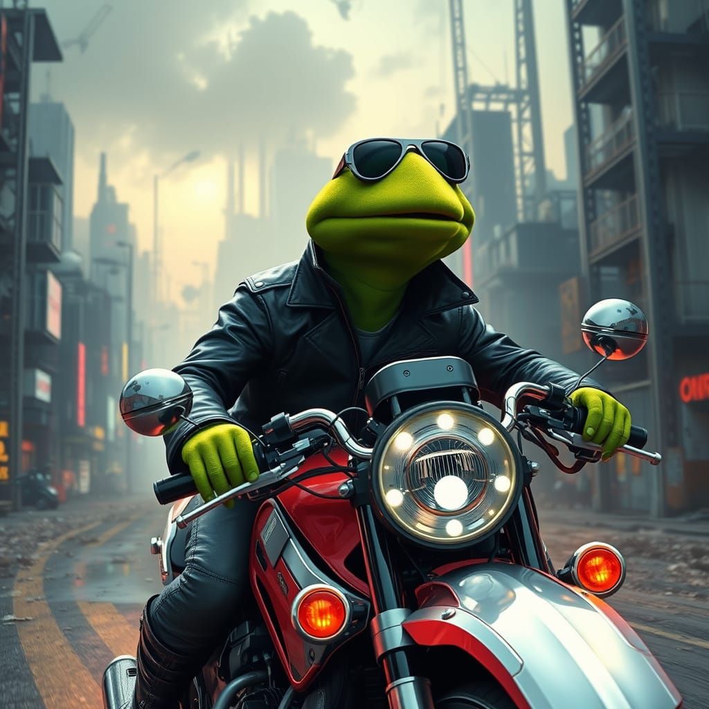 Kermit Muppet Rides Cyberpunk Motorcycle Through R... - AI Art