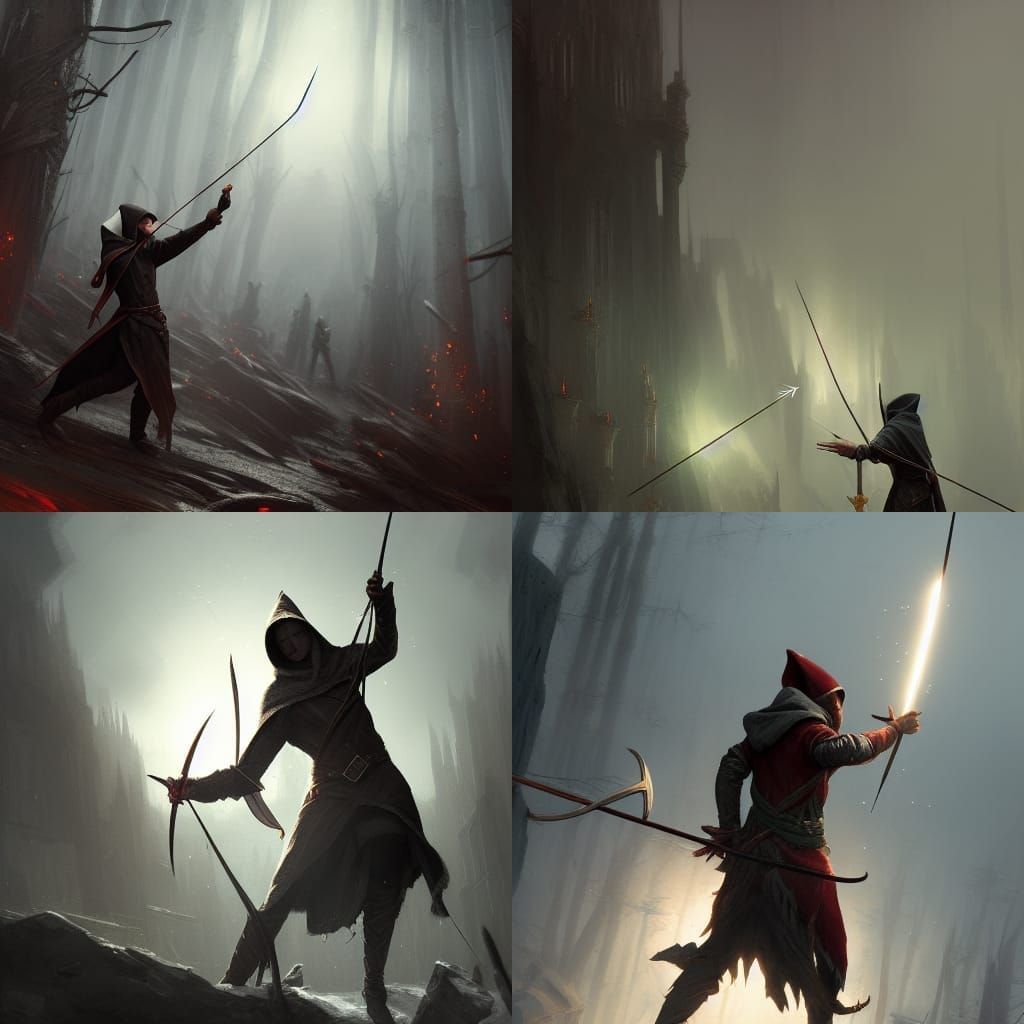 hooded elf shooting an arrow, a masterpiece, 8k resolution, dark ...