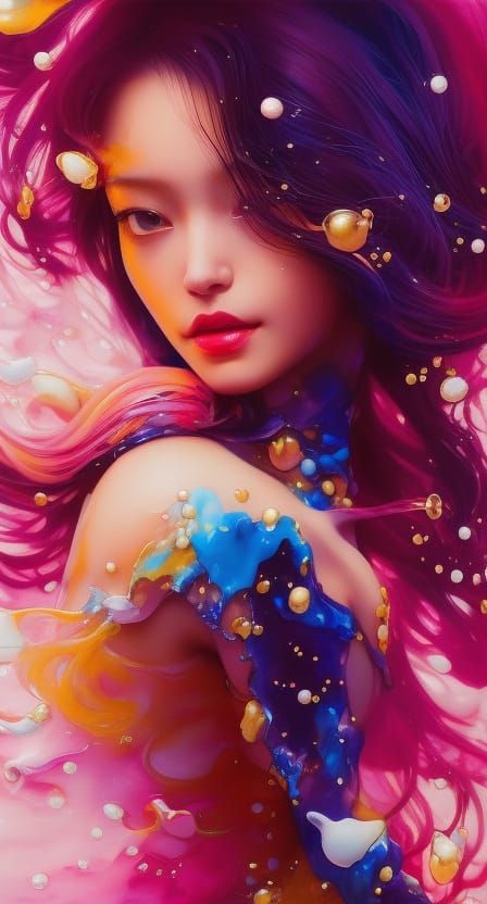 "portrait_of_cute_girl!! honey splash!! honey!! magic!!" paper marbling ...