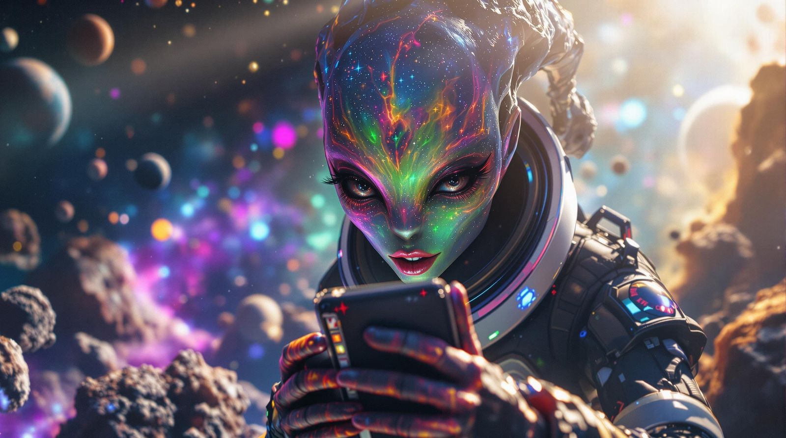 Gorgeous Female Alien in Latex Spacesuit Admires C... - AI Art