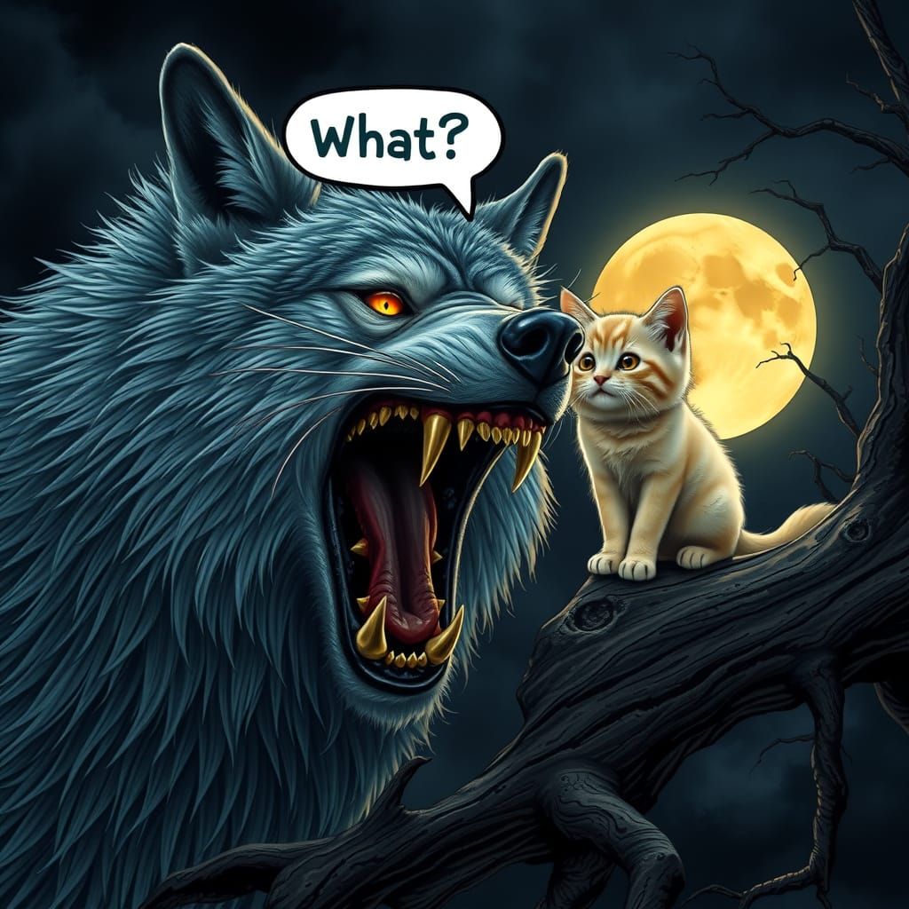 Wolf and Kitten Confrontation in a Dark Forest Nig... - AI Art