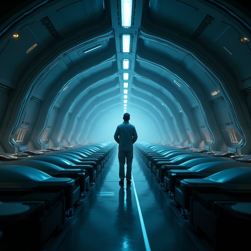 Technician Amidst Cryogenic Sleep Pods on a Starsh... - AI Art