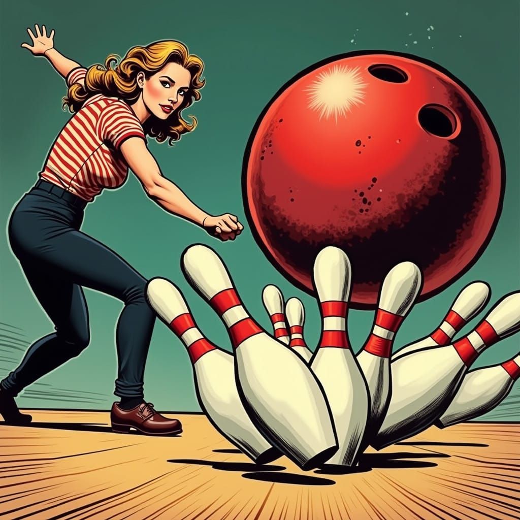 Vintage Pulp Style Comic Woman Throws Bowling Ball... - AI Art