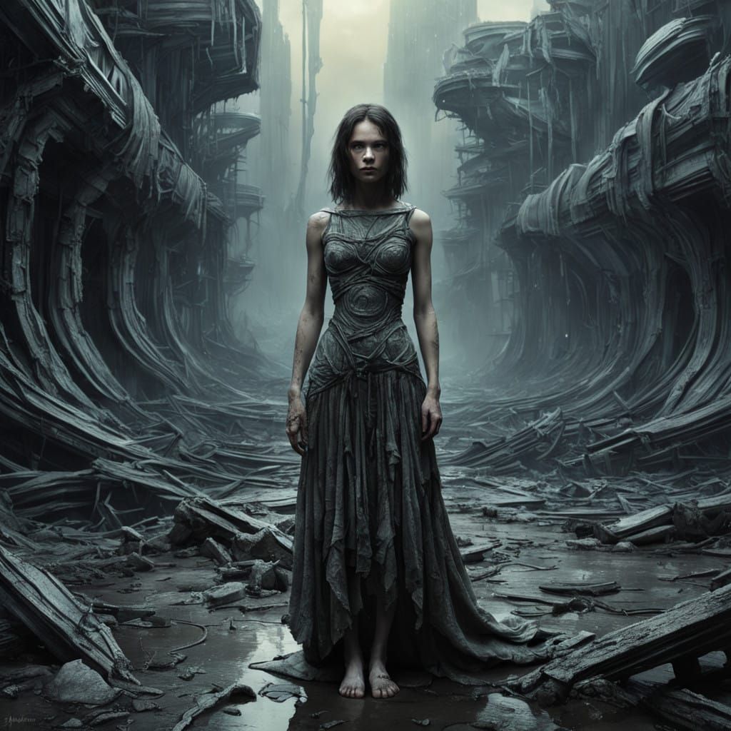 Girl in Decaying Wilderness, Cyberpunk Aesthetic - AI Art