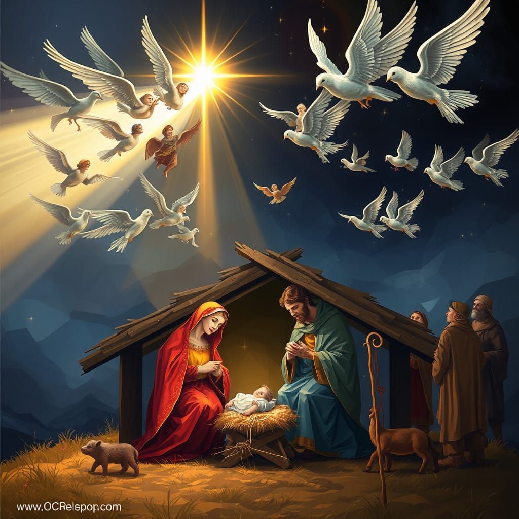 Serene Cubist Nativity Scene with Heavenly Light - AI Art