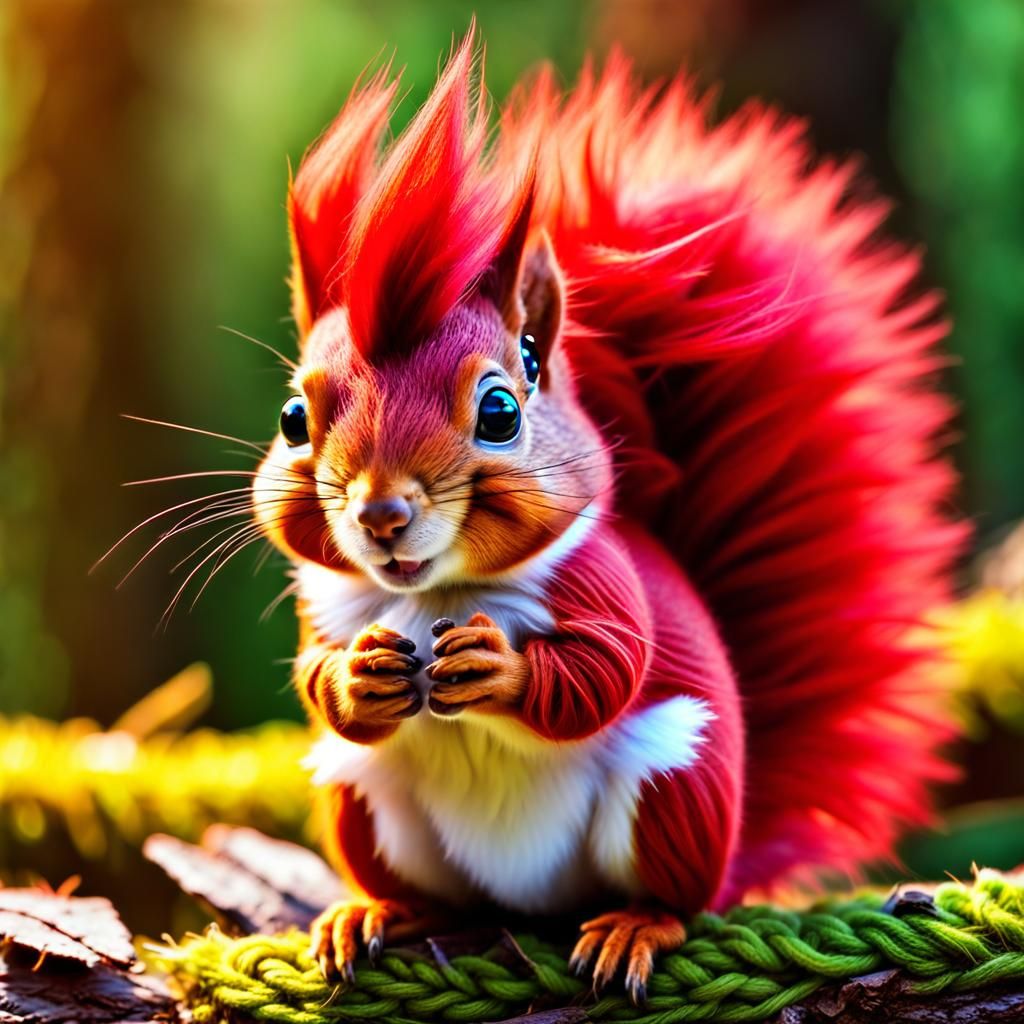 Cute and fluffy tiny red baby squirrel wearing a wig. knitted yarn ...