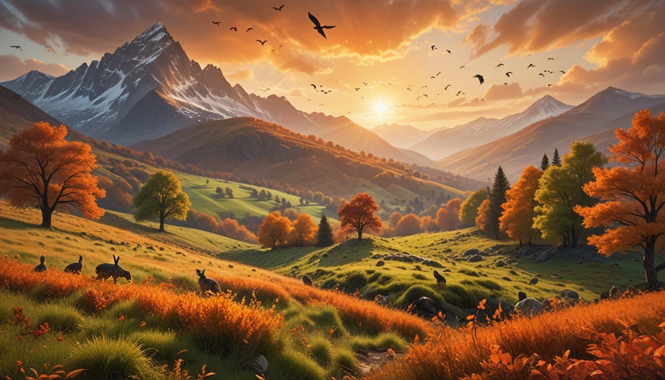 Golden Autumn Mountainscape at Sunset - AI Art