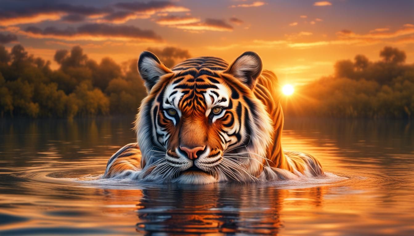 Sunset, Mirroring water, optical illusion tiger, intricate details, HDR ...