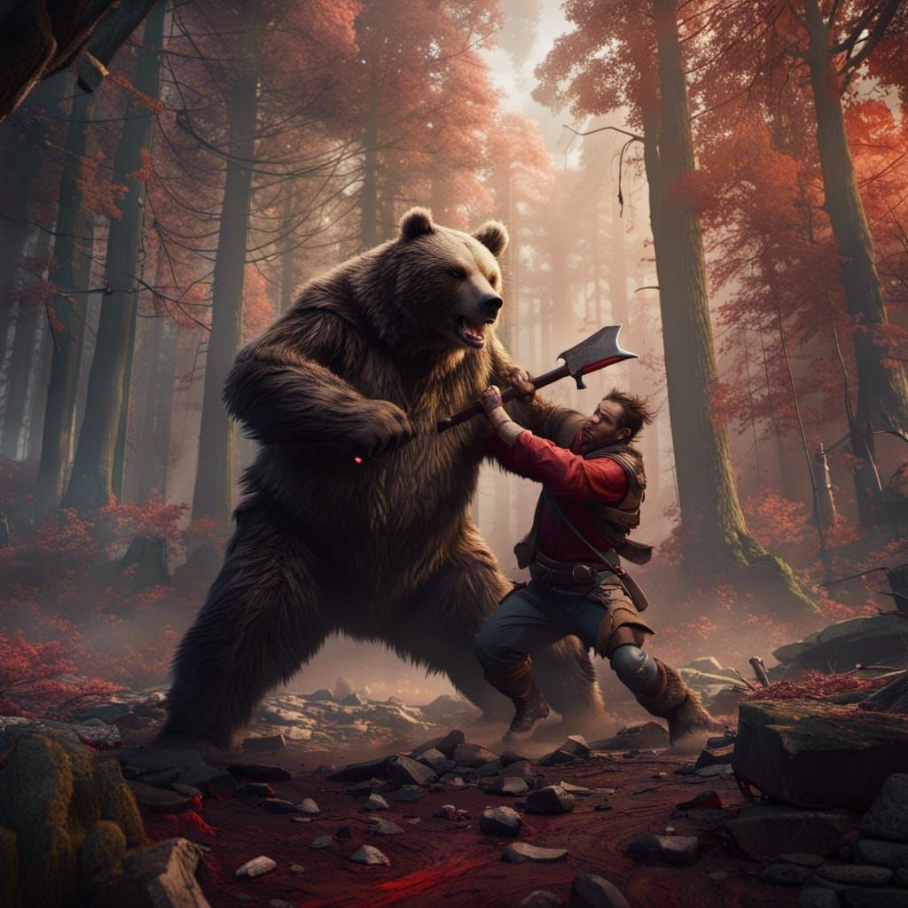 Man fight bear, forrest, axe, blood - AI Generated Artwork - NightCafe ...