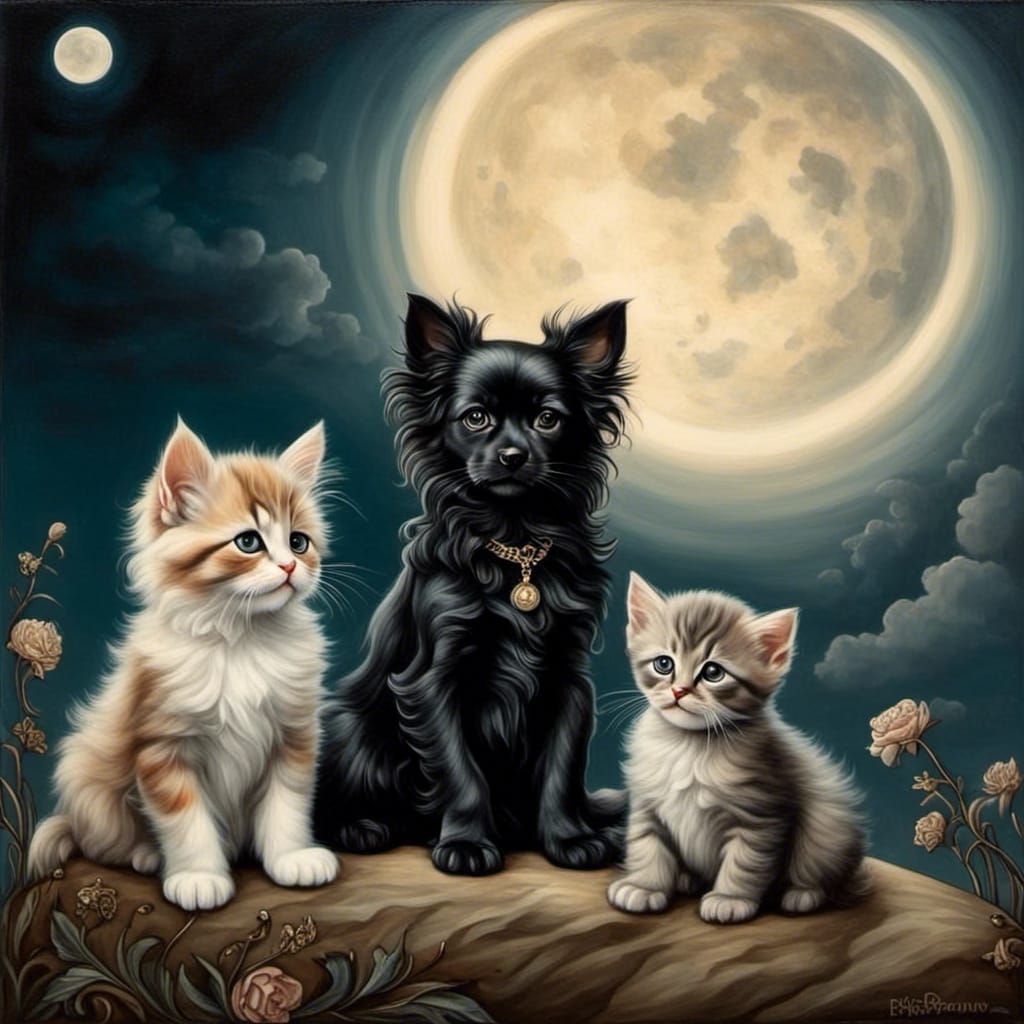 linzy miggantz puppy and kitten sitting on a hill looking at the moon ...
