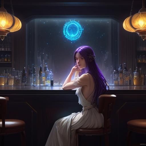 Night cafe; transparent hexagonal glass bar, coffee cups on the bar ...