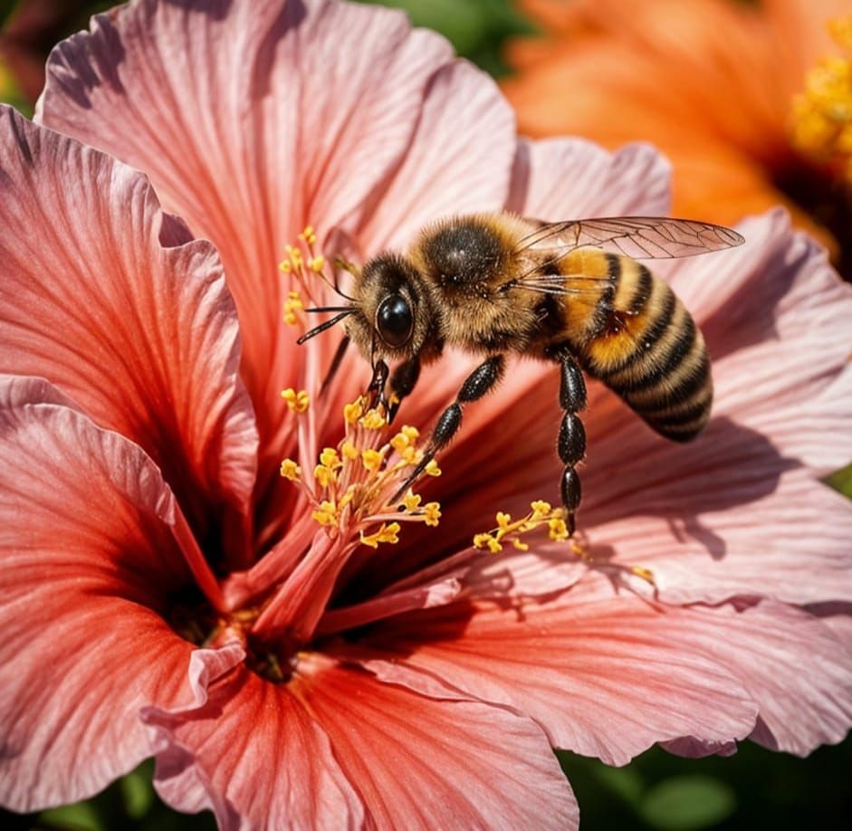 close-up, a bee climbing in a hibiscus flower to get to the nectar, a flower garden in the ...