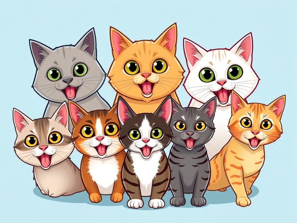 Vibrant Cartoon Cats Showcase 7 Playful Breeds - AI Art