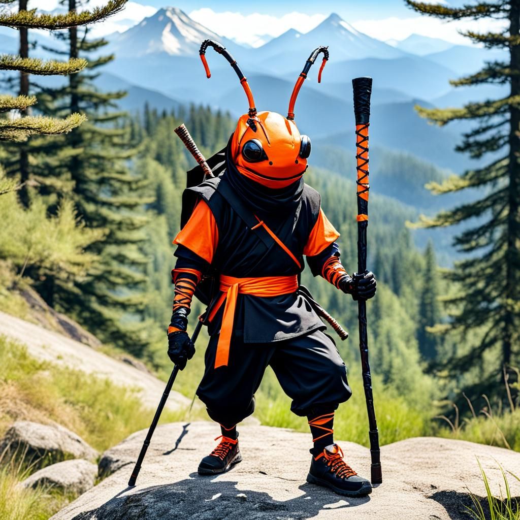 😁 bug, walking stick, ninja dressed in orange black, mountain 🌲 - AI ...