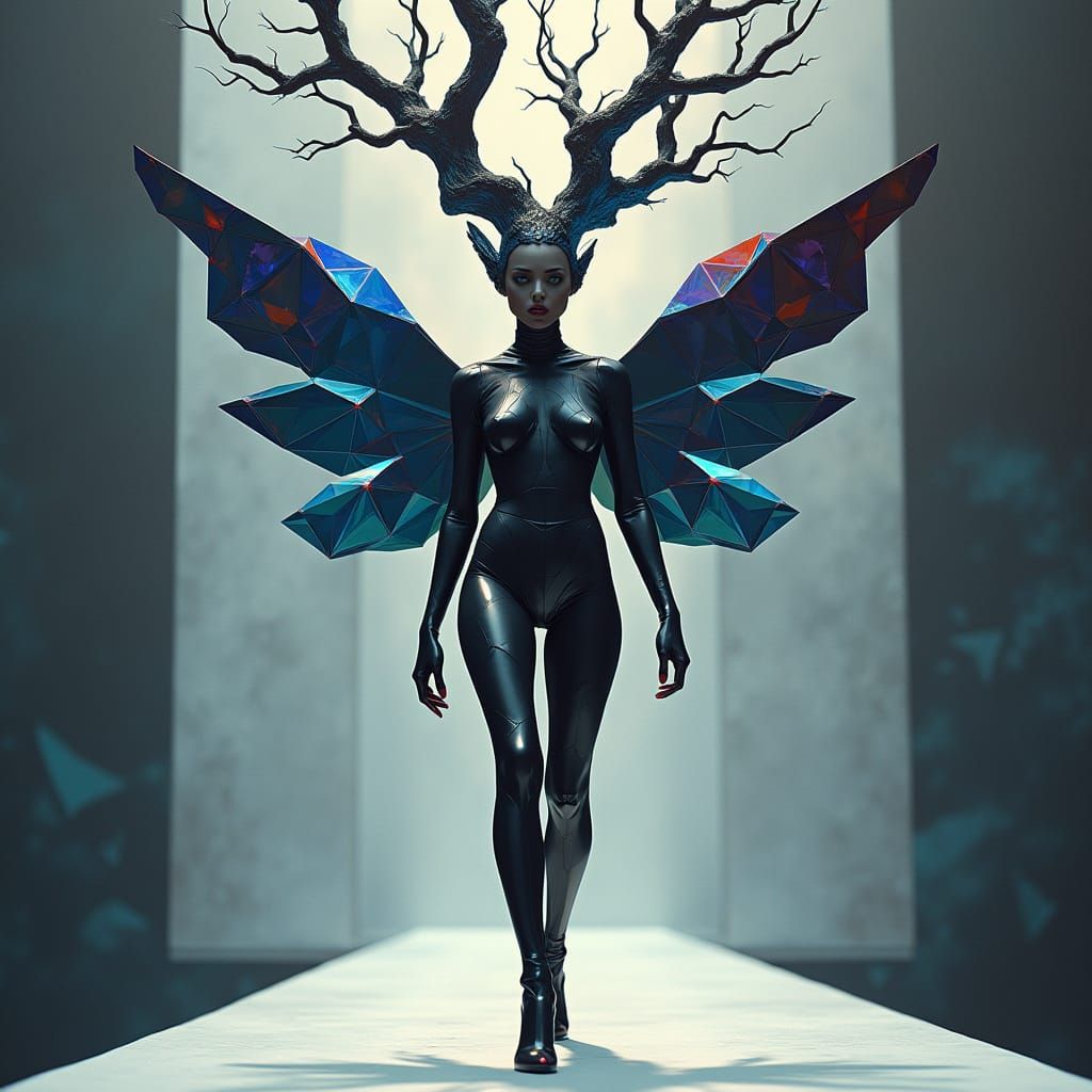 a high fashion runway catwalk featuring a cubism goth woman with ...