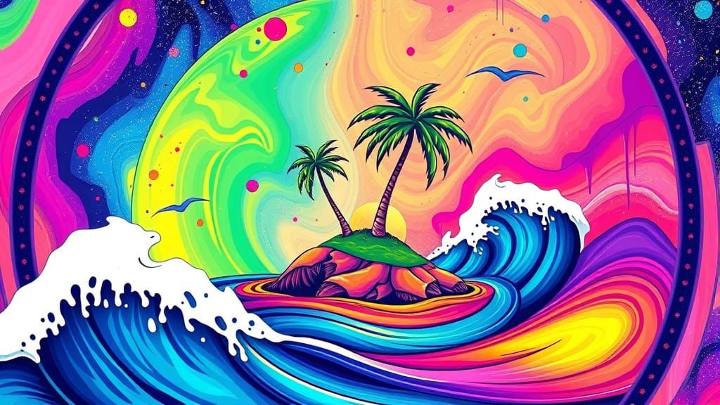 Psychedelic Tropical Island Paradise in Vibrant Ra... - AI Art