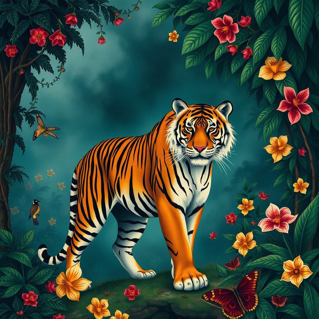 Surrealist Tiger in Jungle Dreamscape - AI Art