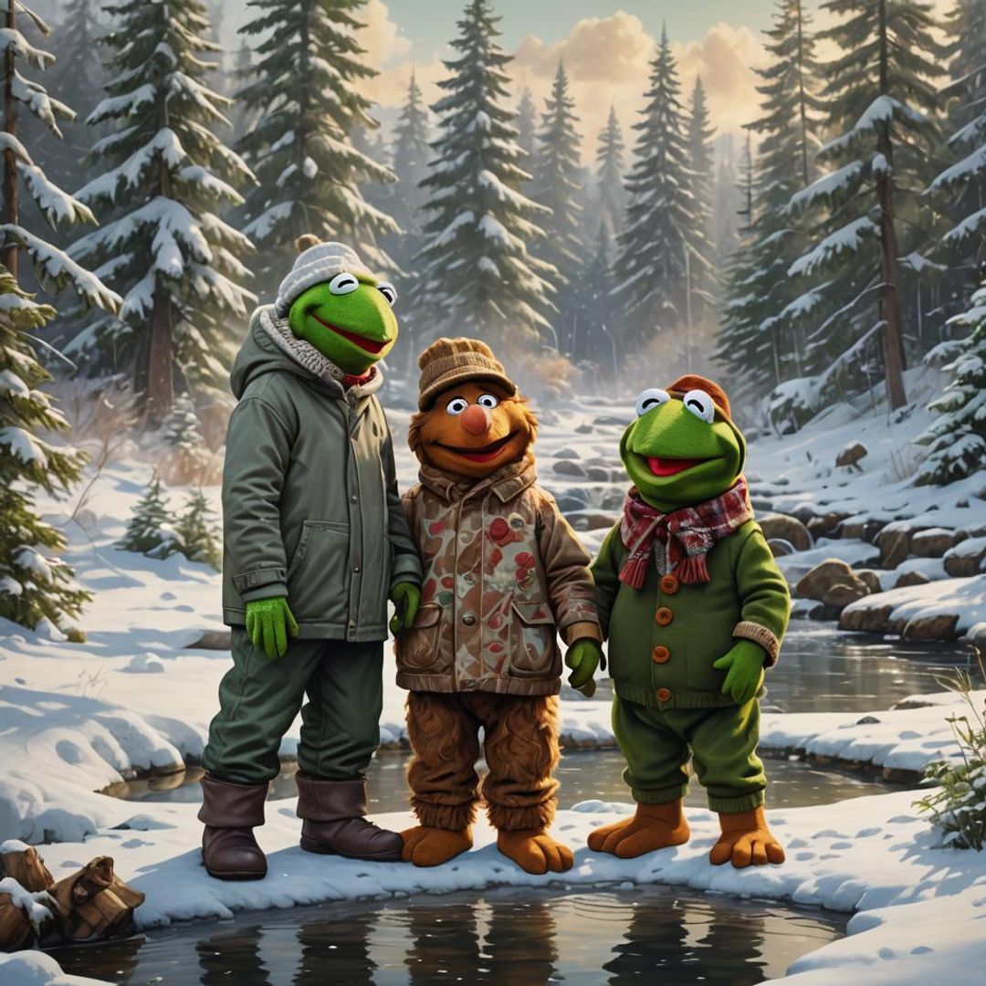 fullbody portrait of kermit-the-frog and Fozzie-bear as kids wearing ...