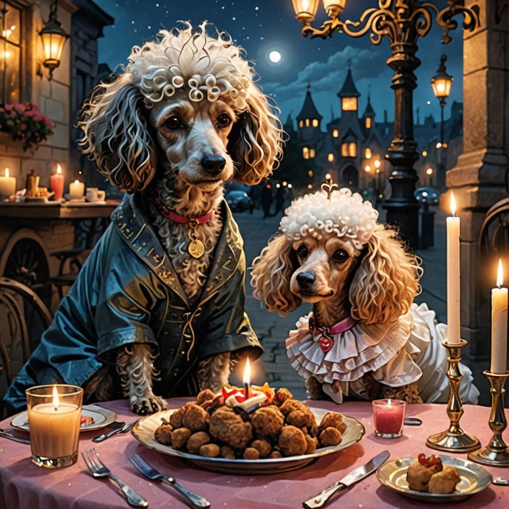 A homeless, scraggly dog and a princess poodle having a fancy, romantic ...