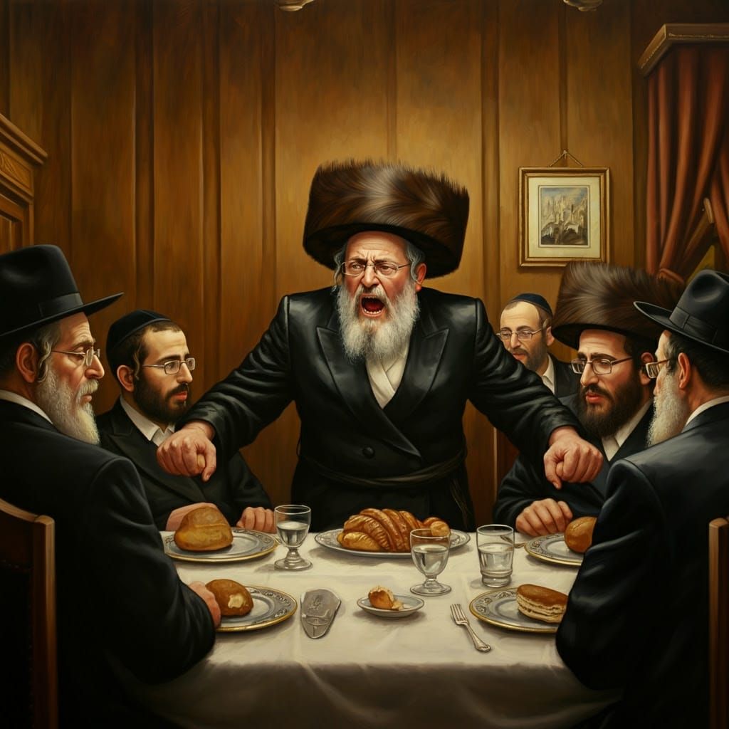 Angry Hasidic Rebbes in Frenzied Shabbat Table Sce... - AI Art