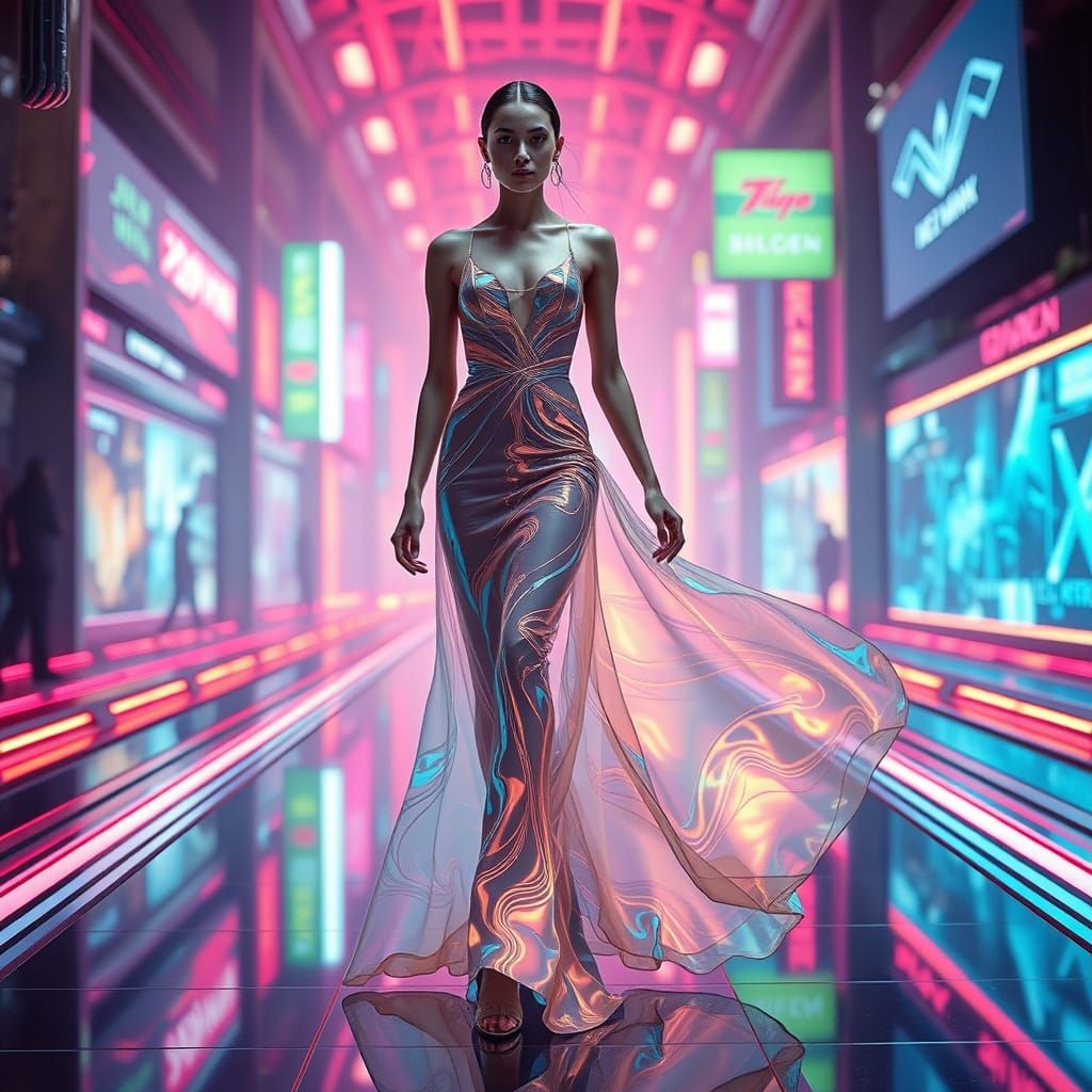 A futuristic runway with digital clothing and animated designs