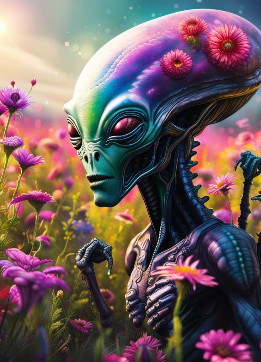 aliens in a field of flowers - AI Generated Artwork - NightCafe Creator