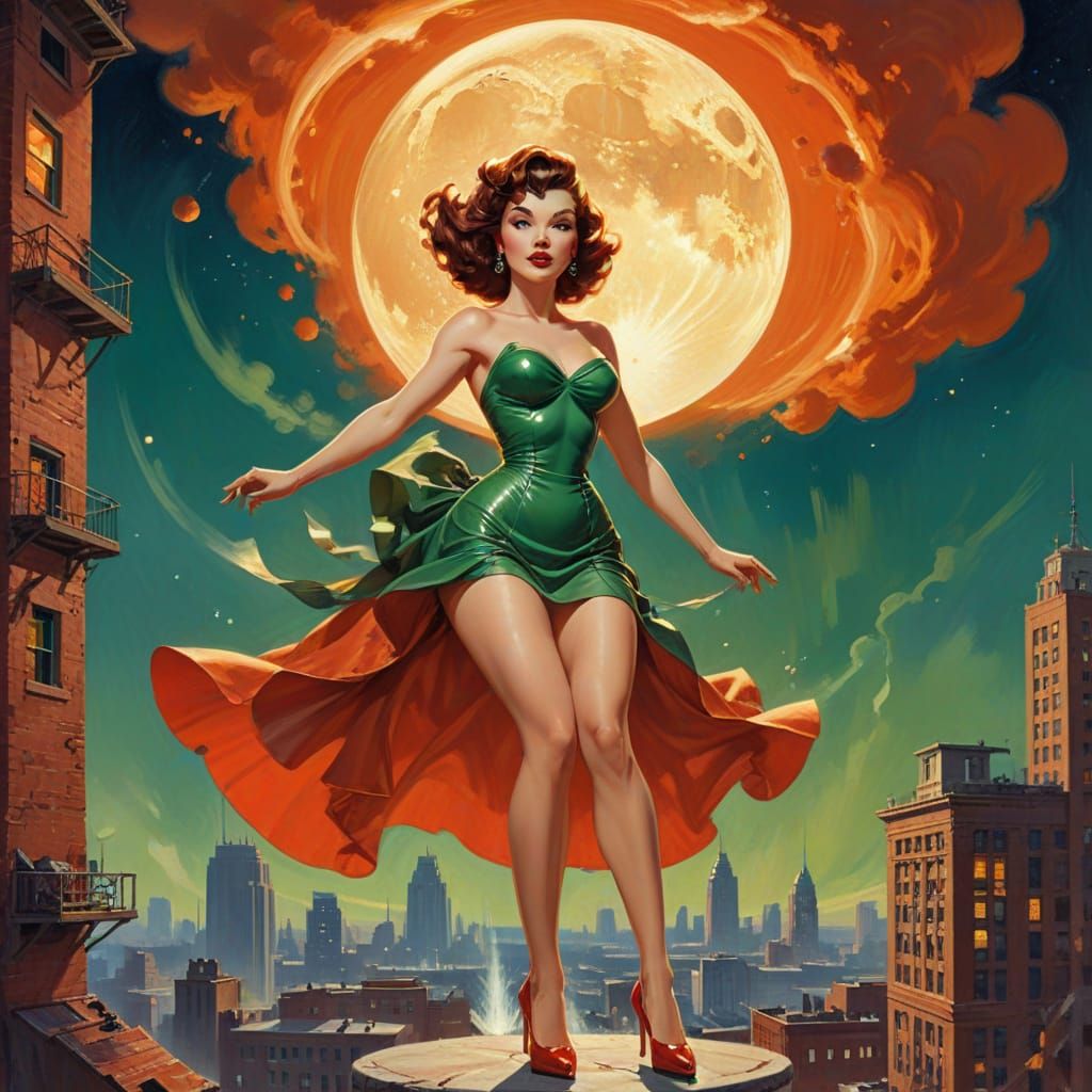 Ravishing Pin-Up Goddess in Martian Chase Scene - AI Art