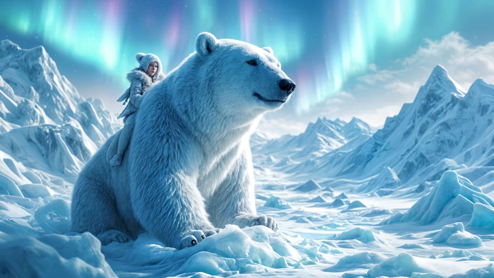 Medium close-up of a beautiful Eskimo woman in furs riding a large ...