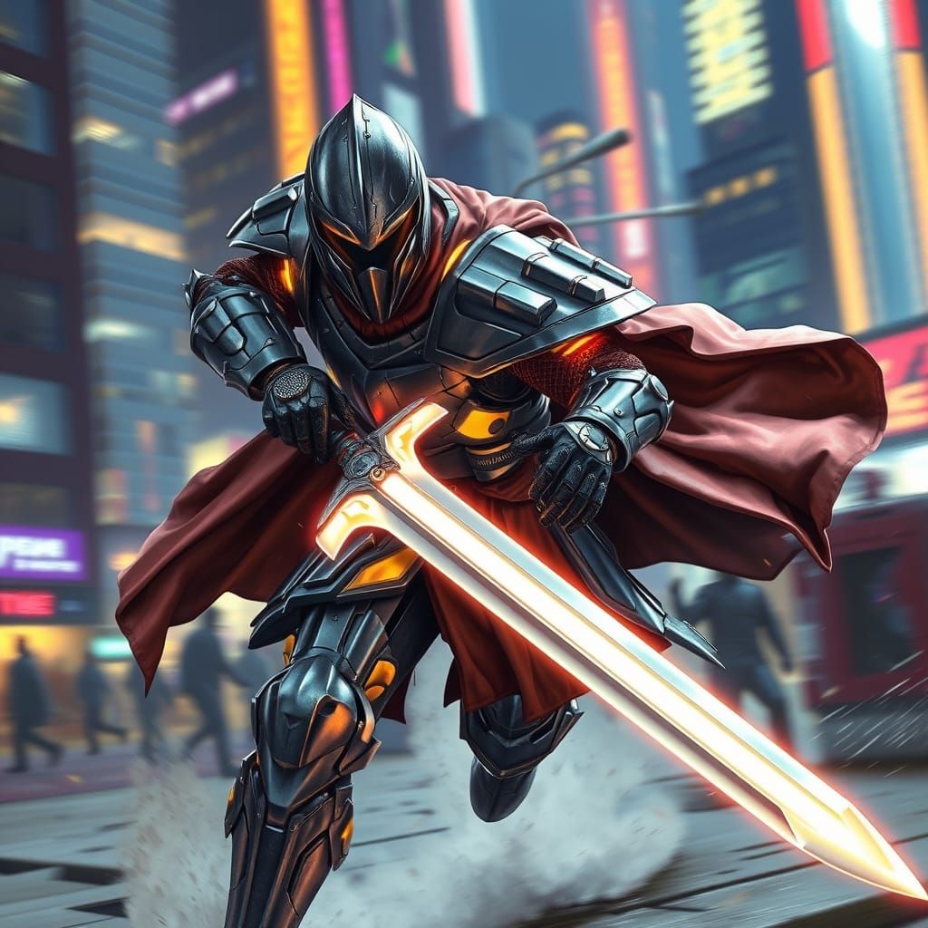 Cyberpunk Knight in Dynamic Action - AI Art