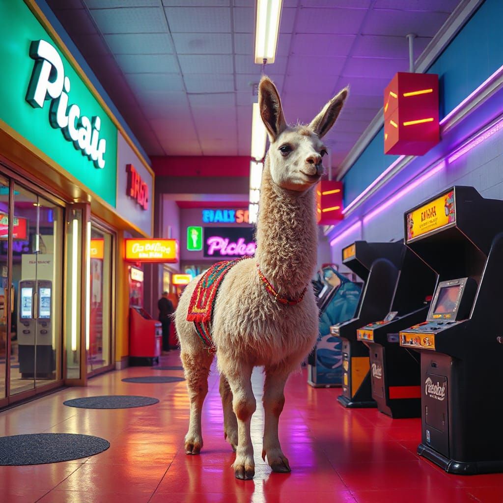 Llama mall. 1990s aesthetic - Neon Llama in a Retrofuturisti...