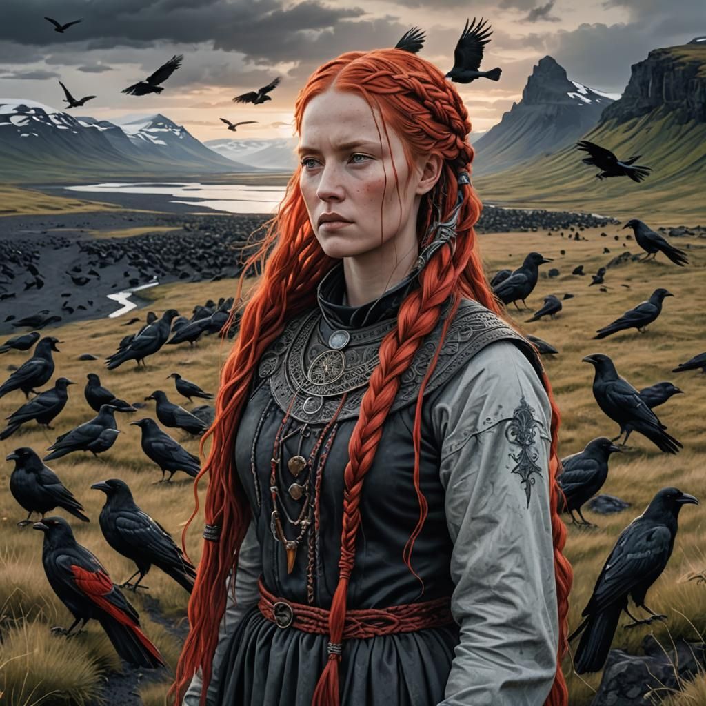 Beautiful Brunhild with red very long braids, in icelandic landscape ...