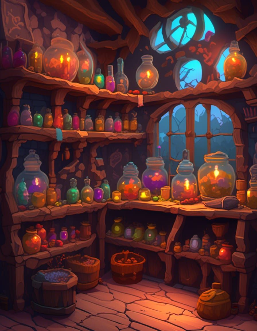 fantasy, potion shop room, drawers, counters, isometric view, concept ...