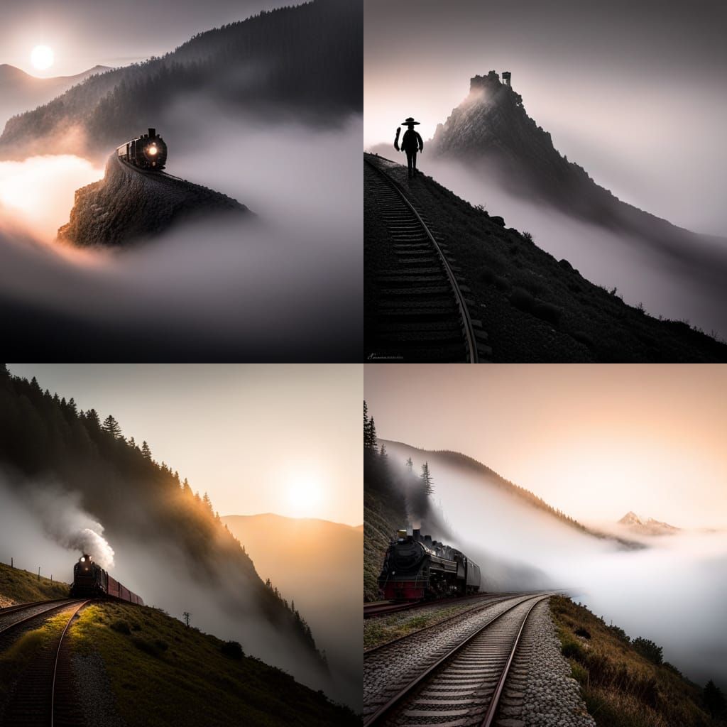 A foggy mountain. In the distance an 1880s steam train crosses the ...