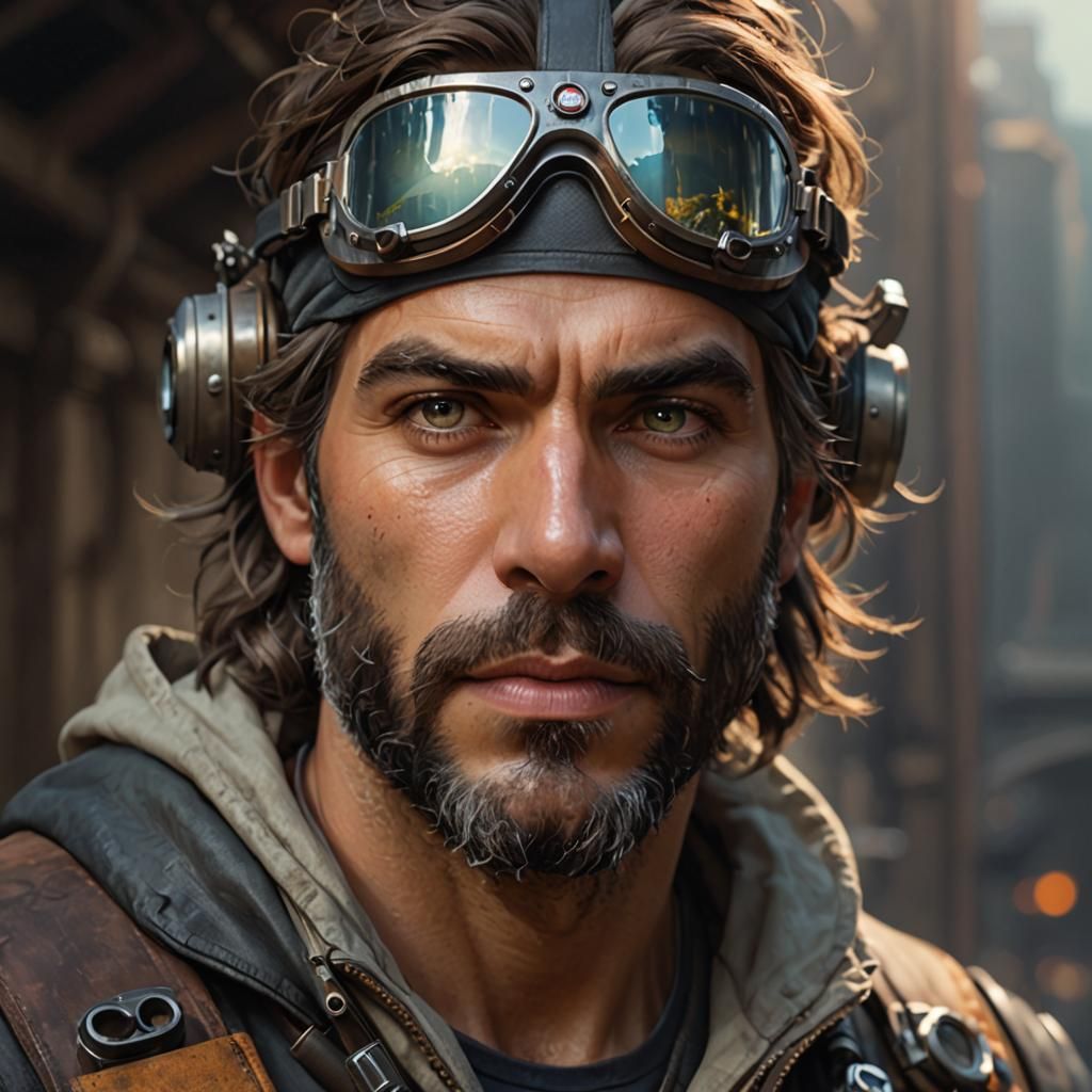 High sci-fi epic male mechanic, ruggedly handsome, goggles on head ...